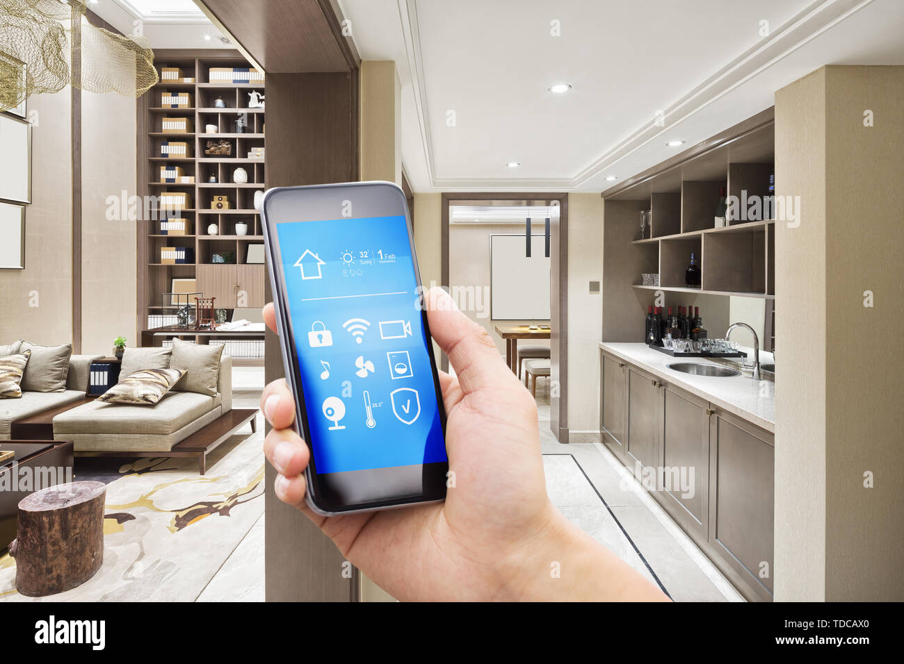 smart phone with smart home with modern living room Stock Photo - Alamy
