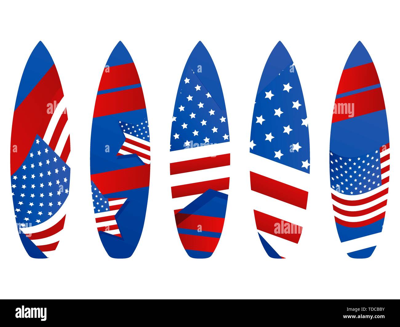 Surfboards with USA flag on a white background. Types of surfboards ...