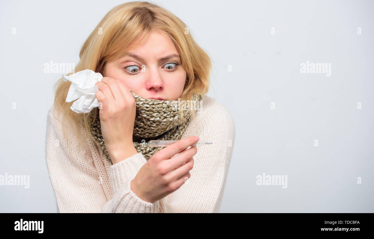 Break fever remedies. Seasonal flu concept. Woman feels badly. How to ...