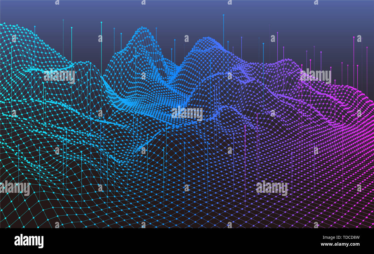 Abstract vector three-dimensional digital terrain of big data concept, graphics with artificial ...