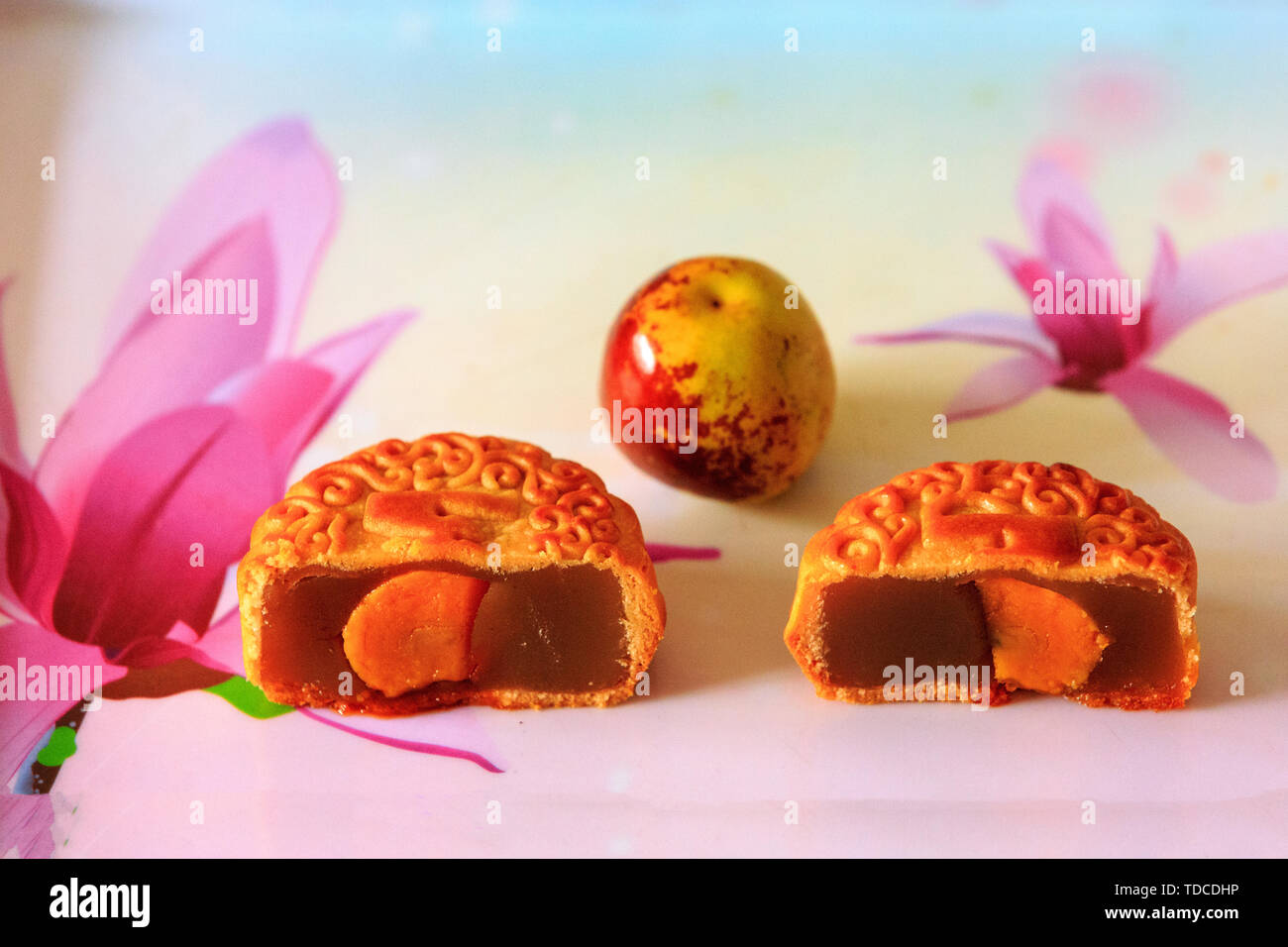 Moon cakes, tea, fruit Stock Photo - Alamy