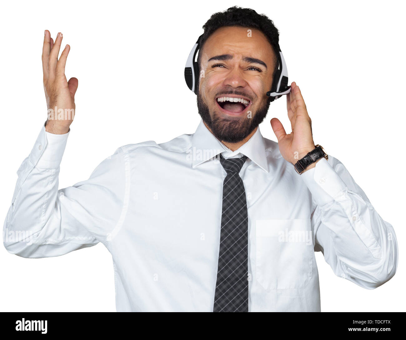 African American man in headsets isolated white background Stock Photo - Alamy