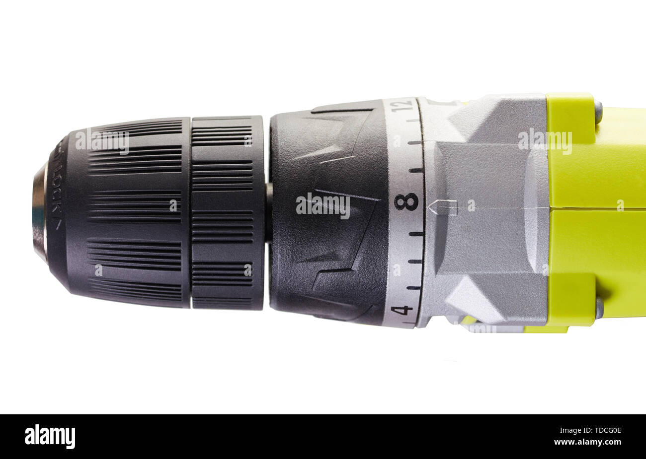 The part of the cordless screwdriver with keyless chuck is photographed ...