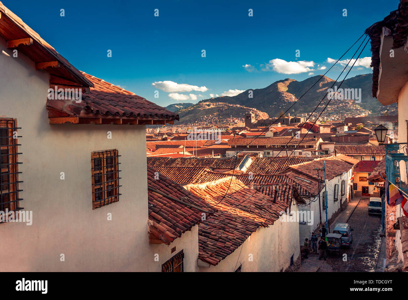 Cusco / Peru - May 27.2008: View on the narrow city street between the ...
