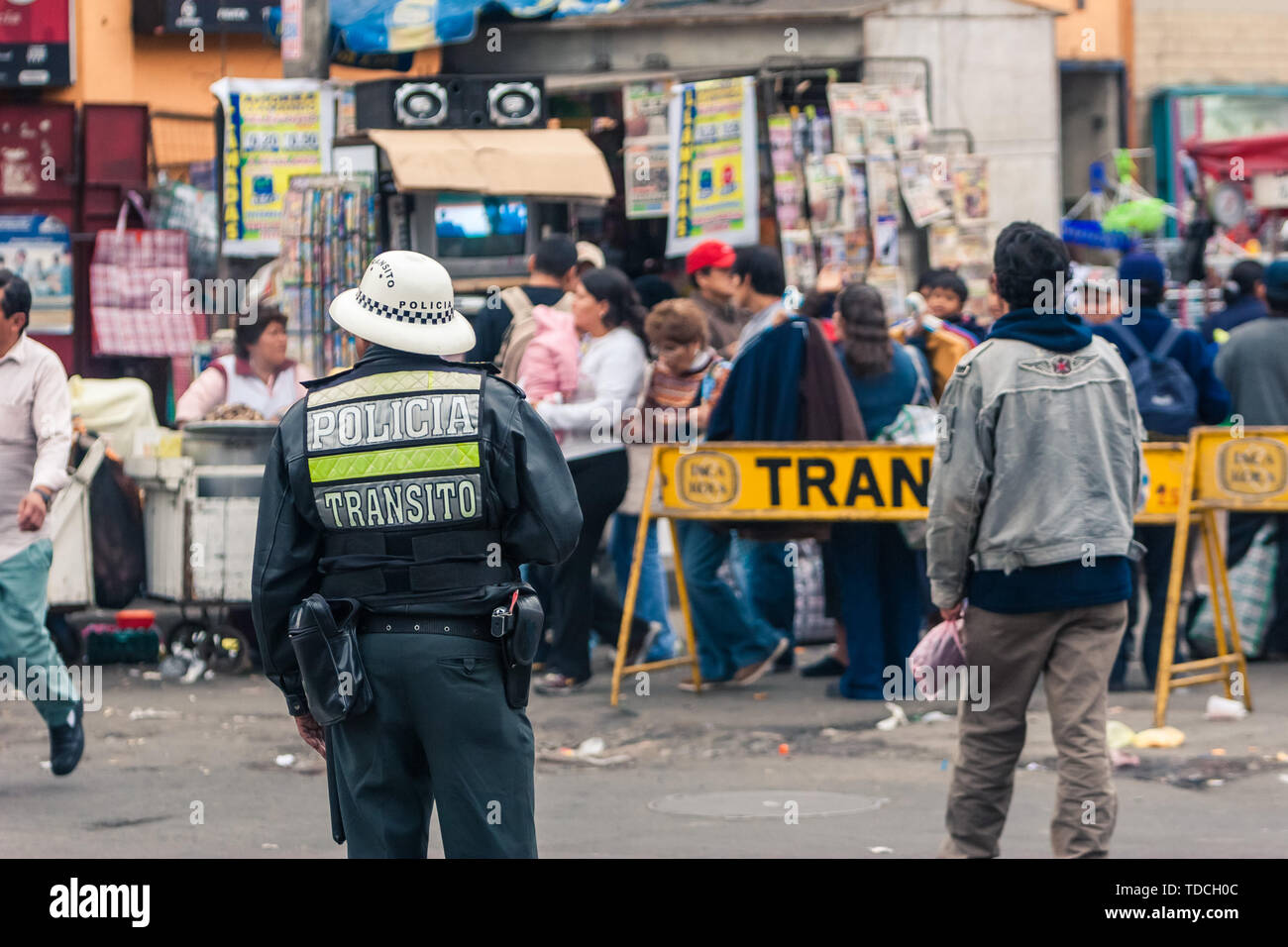 Lima / Peru Jun 13.2008: Peruvian Policeman in the uniform controlling ...