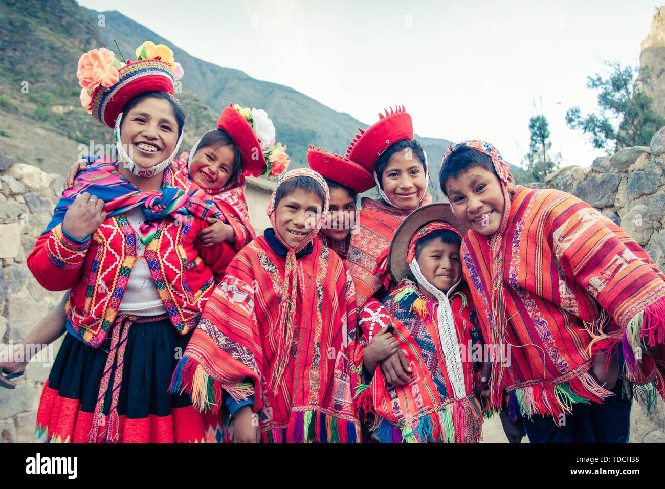 Ollantaytambo / Peru - May 29.2008: Group of children dressed up in the ...