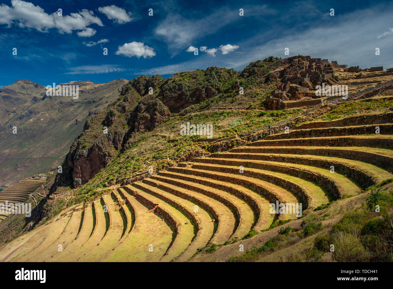 Terraced fields in the Inca archeological area of Pisac in the Sacred ...