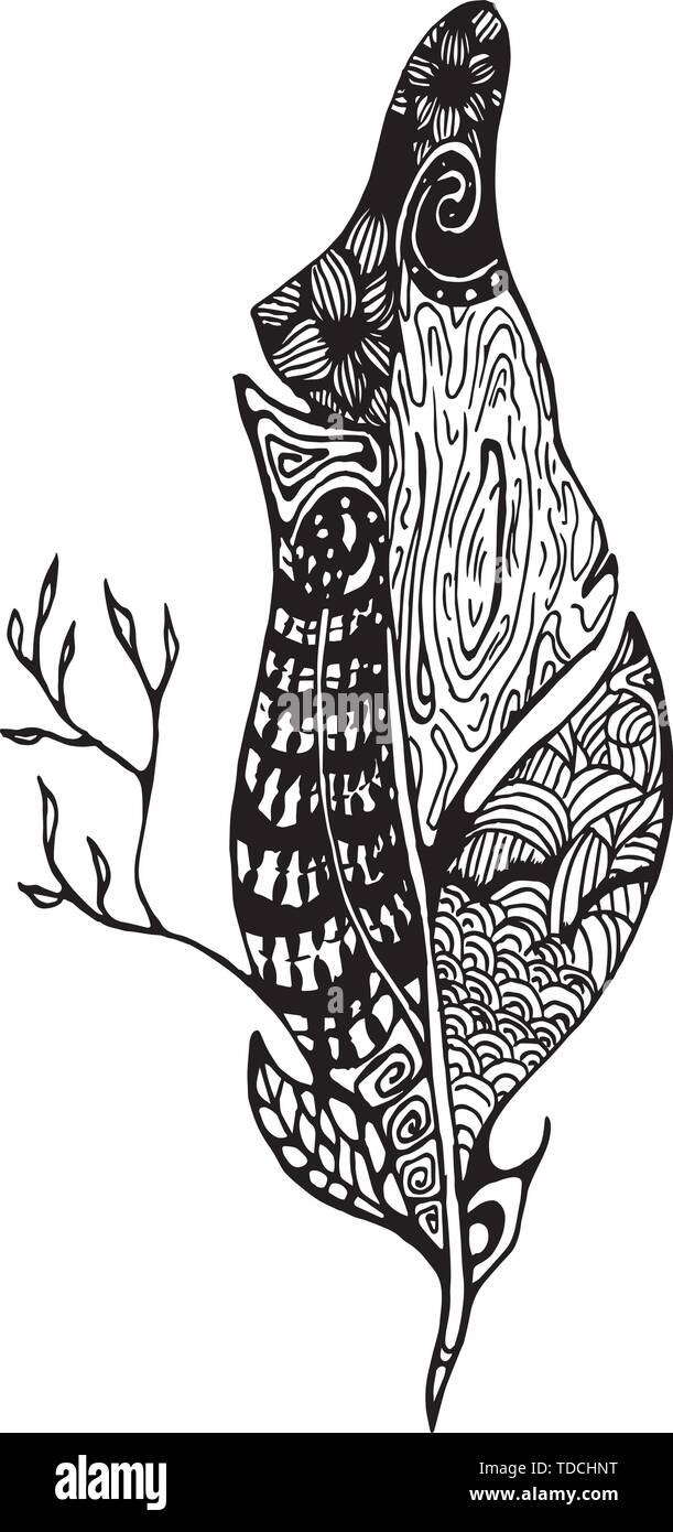 Black white illustration of psychedelic feathers with abstract patterns ...