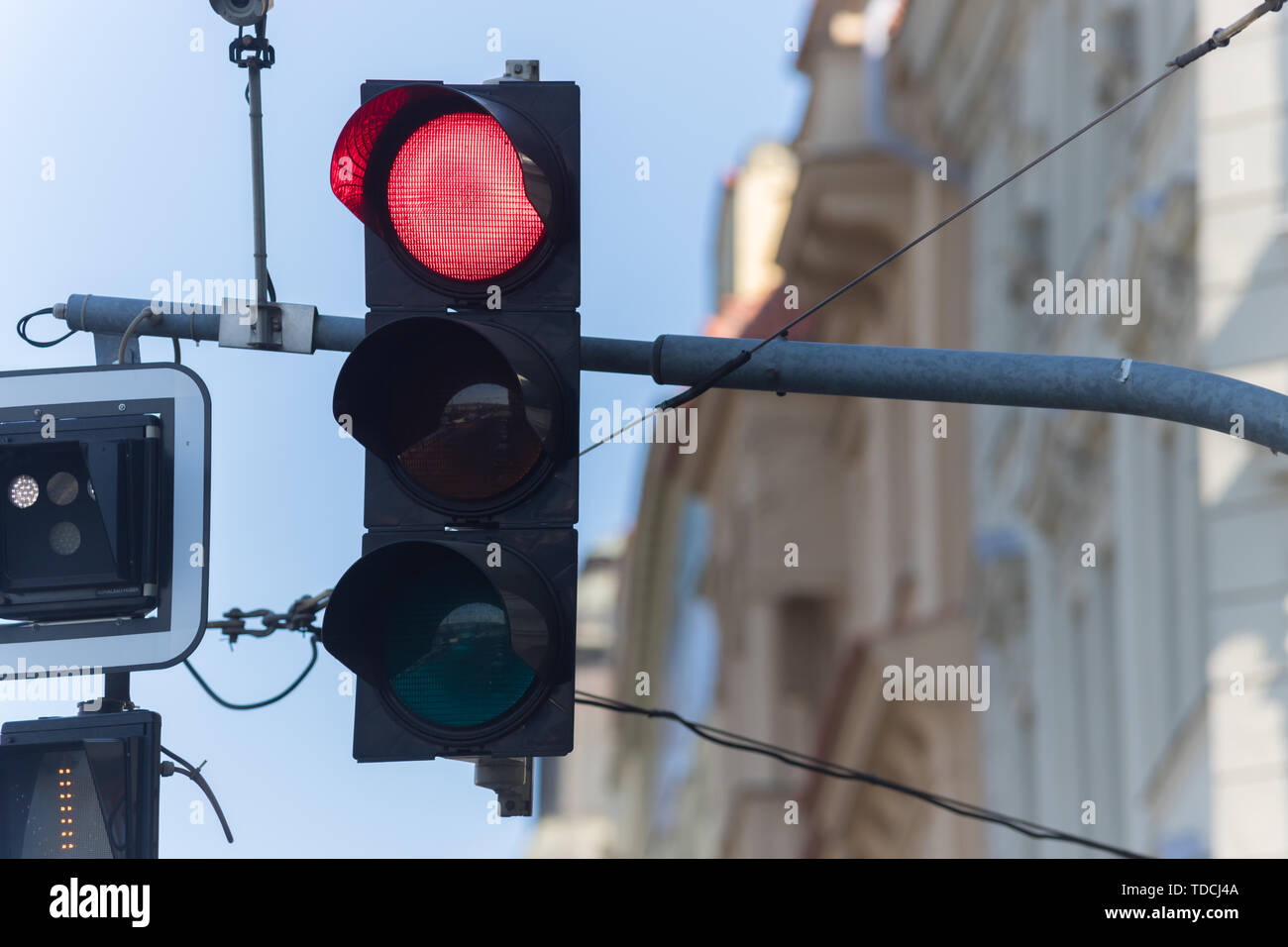 Traffic light on the intersection. Red light Stock Photo - Alamy