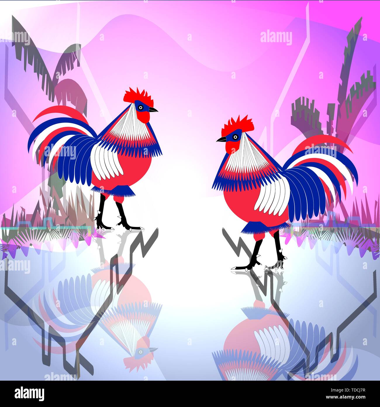 Vector illustration of two stylized bright three-colored chicken ...
