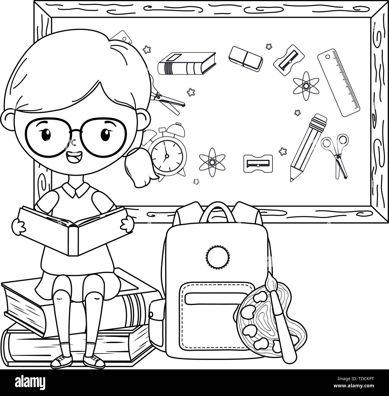 Girl kid and blackboard design, School education learning knowledge ...