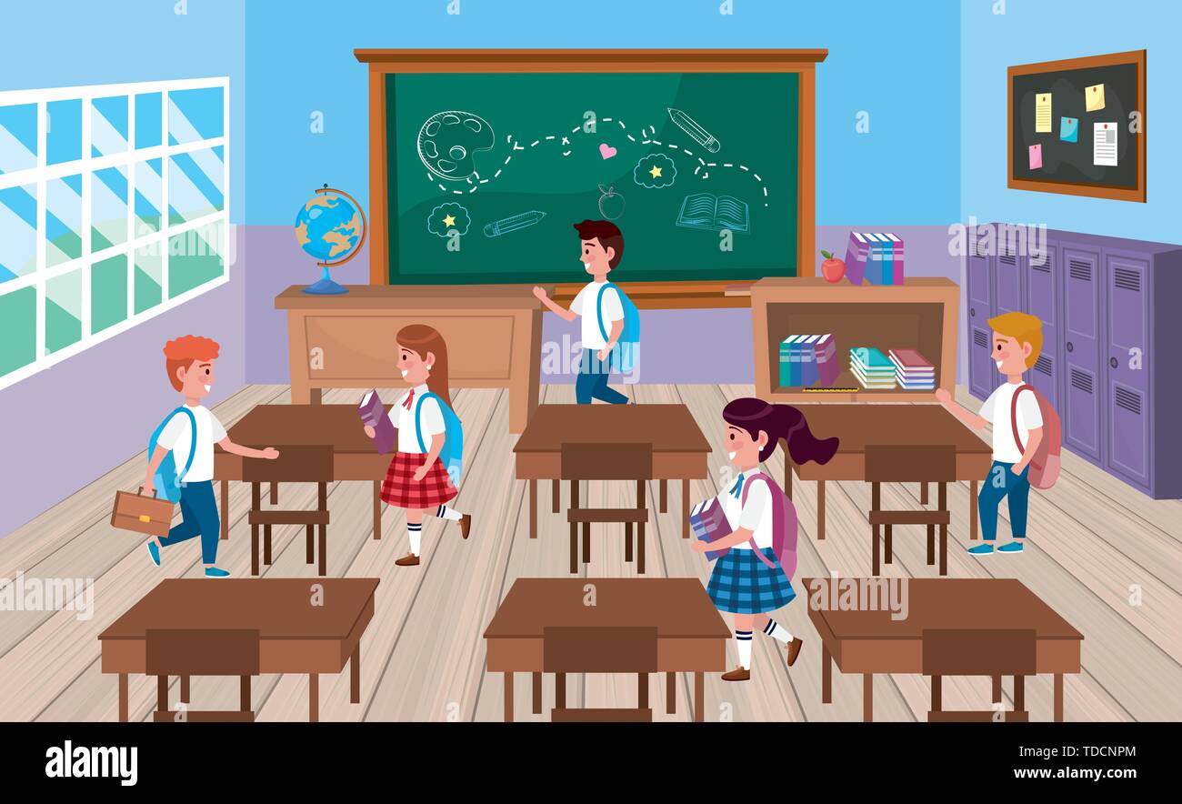 girls and boys students in the classroom with blackboard to back to ...