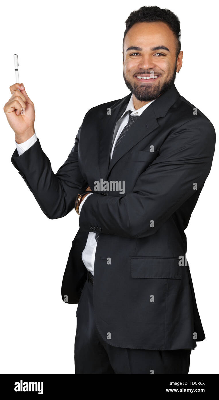 Black man businessman making presentation isolated on white background ...
