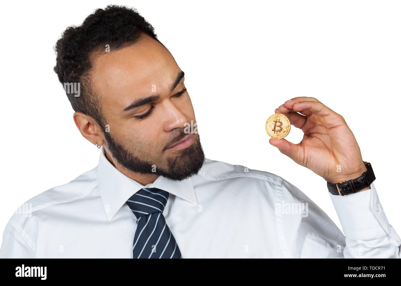 Black man businessman holding bitcoin isolated on white background ...