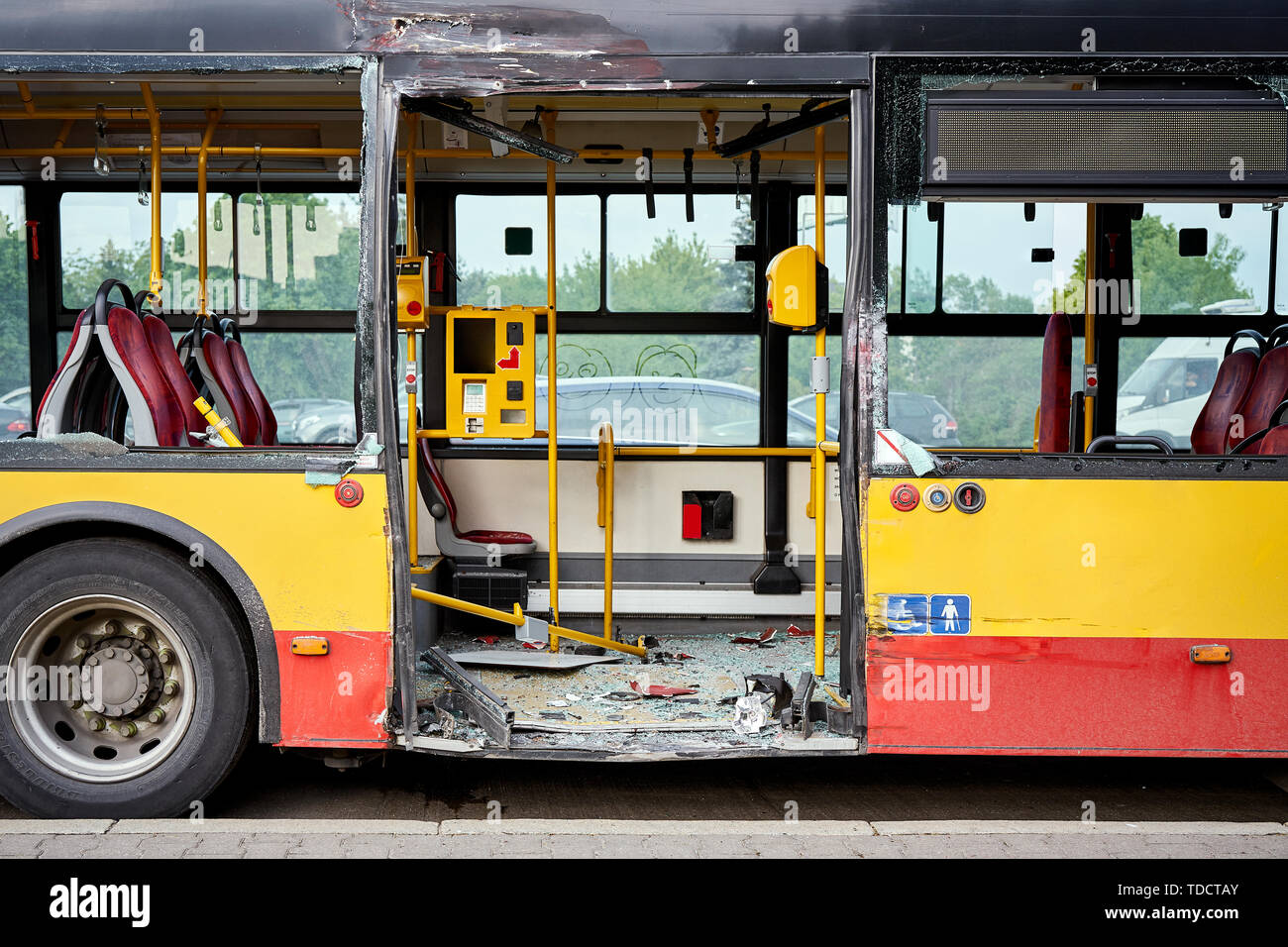View of devastated city bus after road accident in the city Stock Photo ...