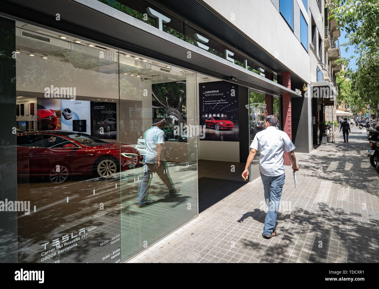 Barcelona, Spain. June 2019: Tesla store near Passeig de Gracia street ...