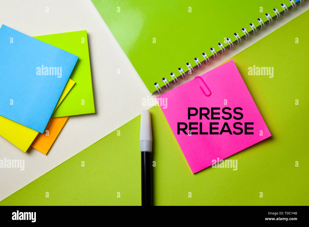 Press Release text on top view office desk table of Business workplace ...