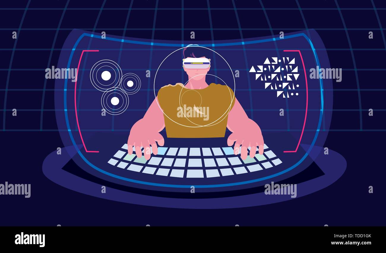 Cartoon illustration man enjoying technology Stock Vector Images - Alamy