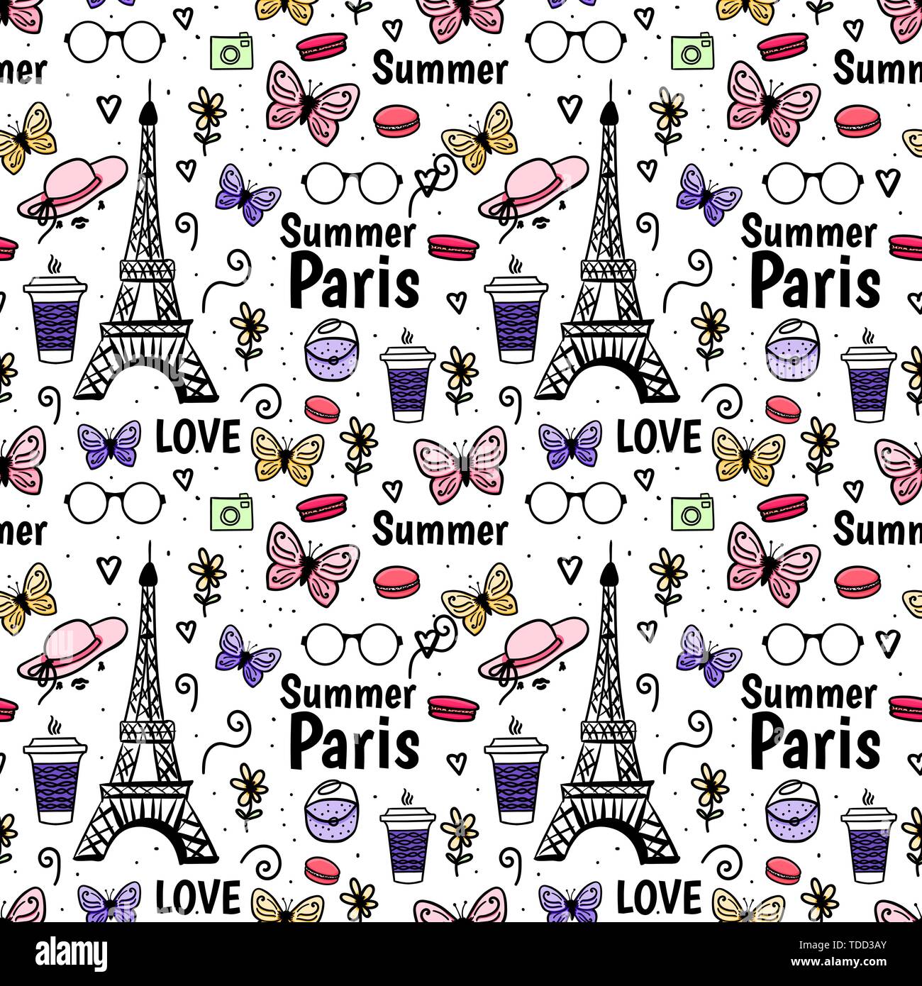 Seamless pattern Summer Paris, Eiffel Tower, butterfly. Vector hand ... Seamless pattern Summer Paris, Eiffel Tower, butterfly. Vector hand ...