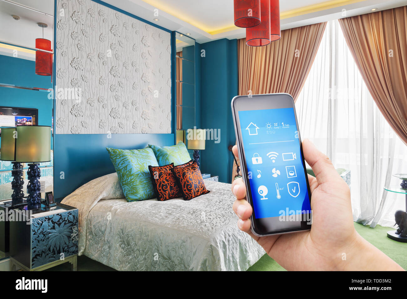 smart phone with smart home with modern bedroom Stock Photo - Alamy