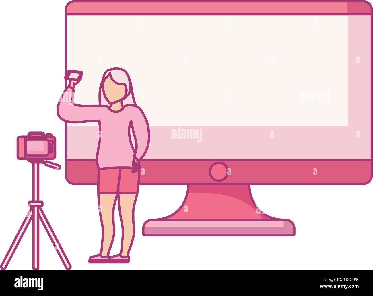 woman taking selfie with smartphone and monitor computer vector ...