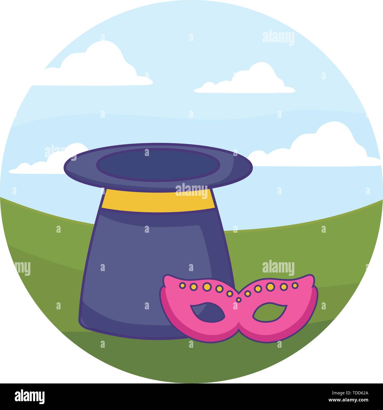 wizard top hat with mask carnival in frame circular vector illustration ...