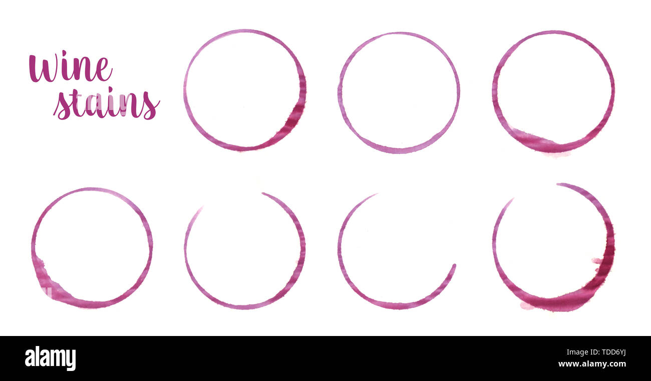 Red wine rings stains traces from glasses of wine isolated on white ...
