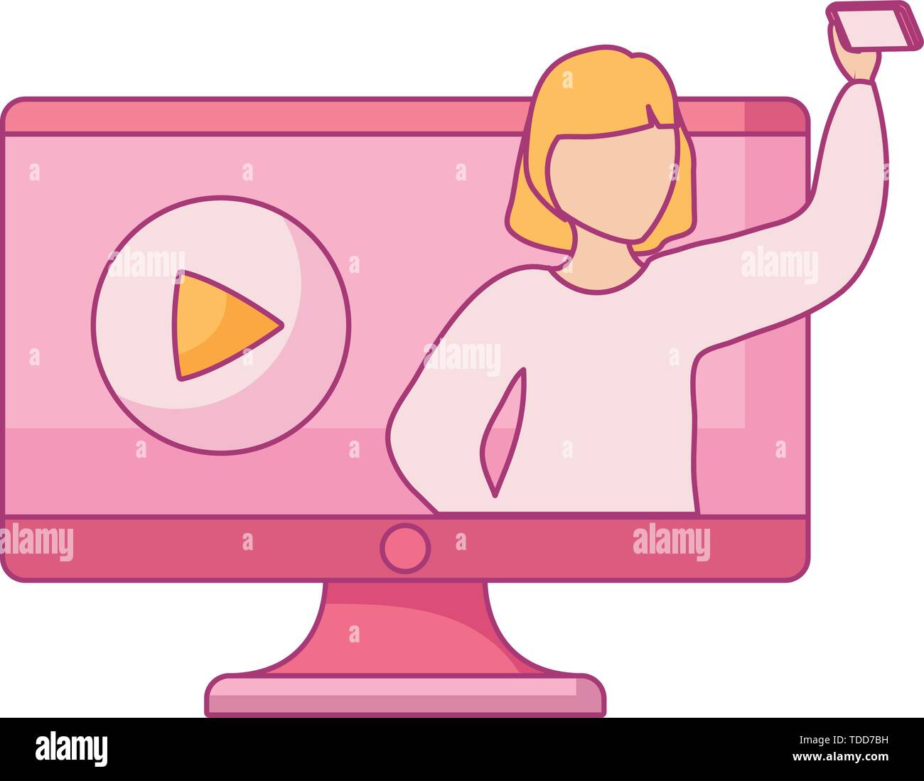 woman taking selfie with smartphone in monitor computer vector ...