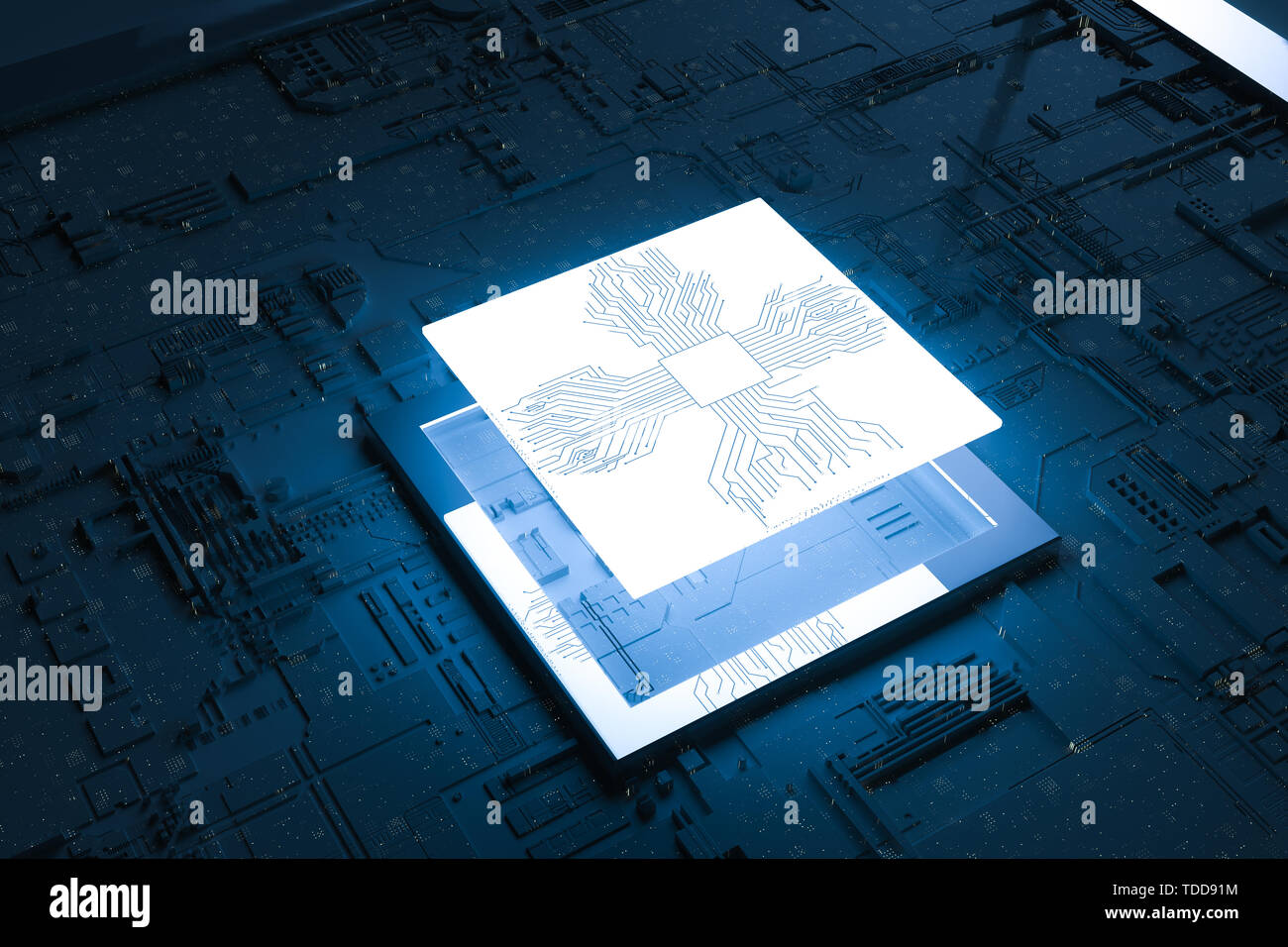 Three-dimensional rendering, circuit board with blue chip Stock Photo ...