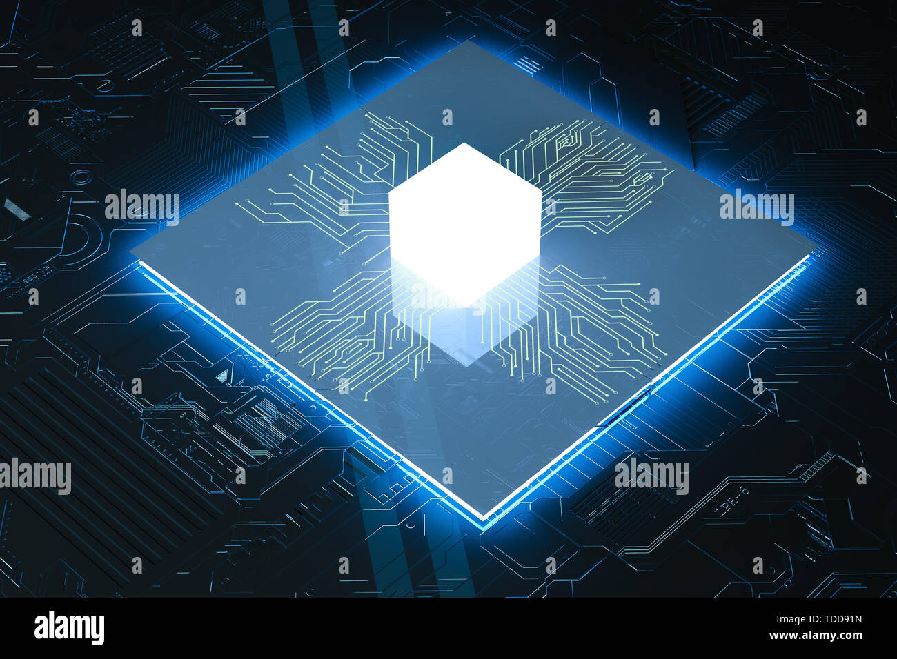 Three-dimensional rendering, circuit board with blue chip Stock Photo ...