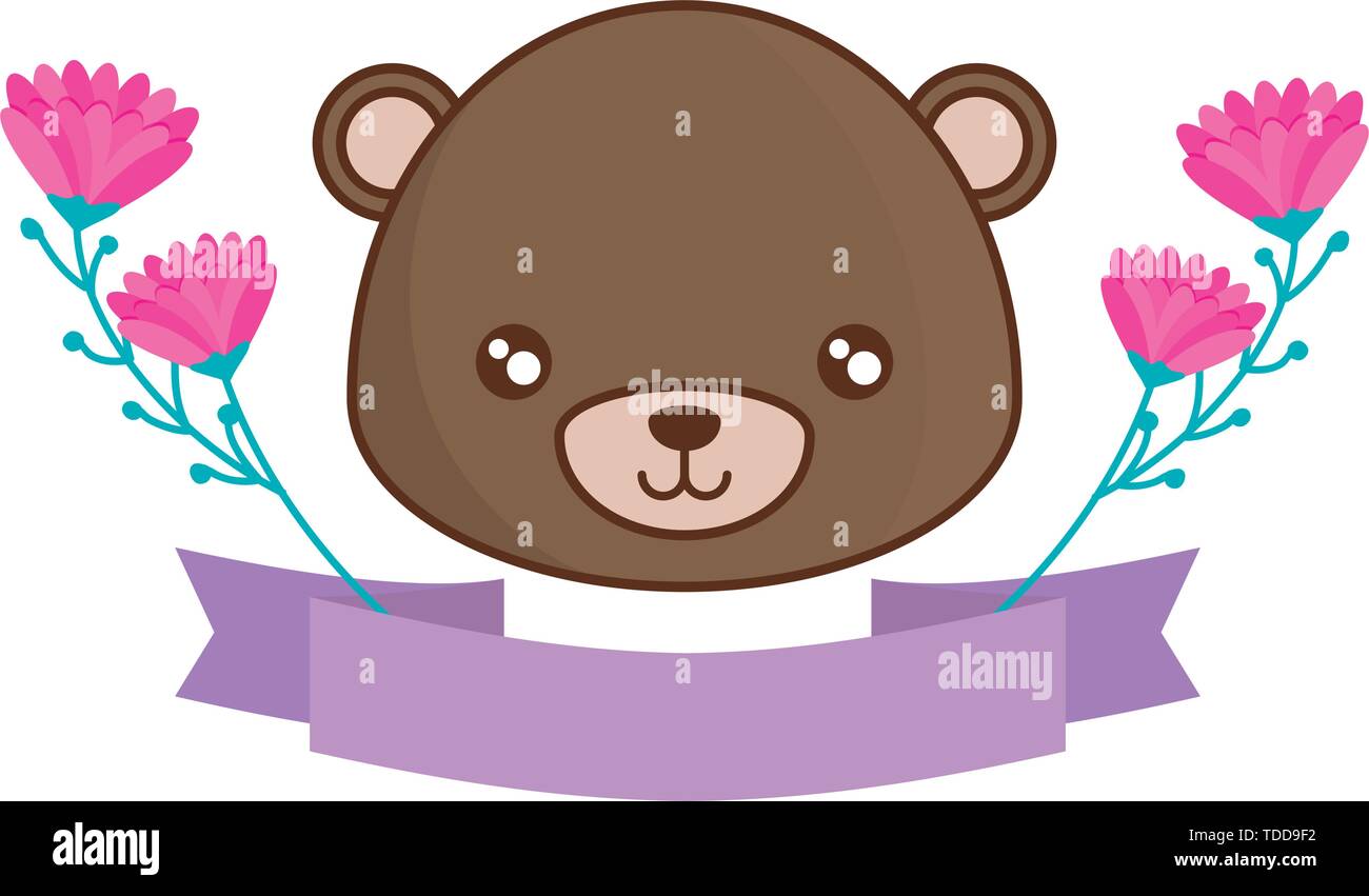 head of cute bear with ribbon and flowers vector illustration design ...
