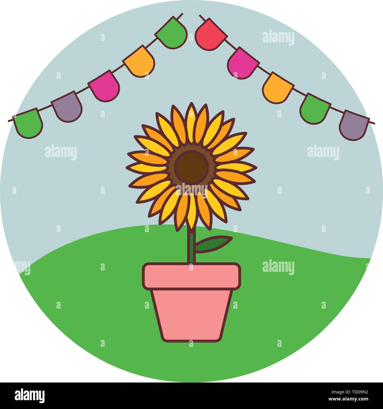 sunflower in pot plant with garlands in frame circular vector ...