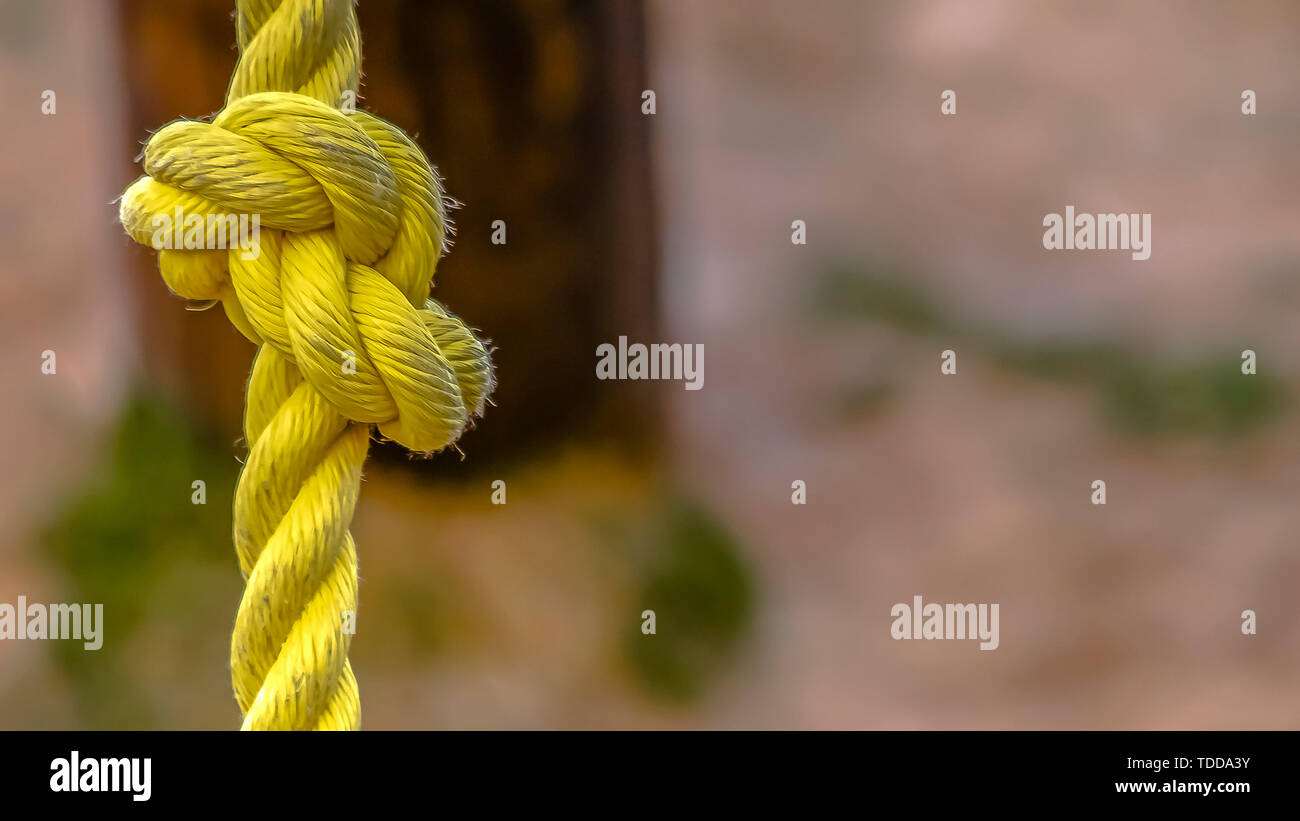 Panorama Close up view of a knotted yellow rope with dirt on the ...