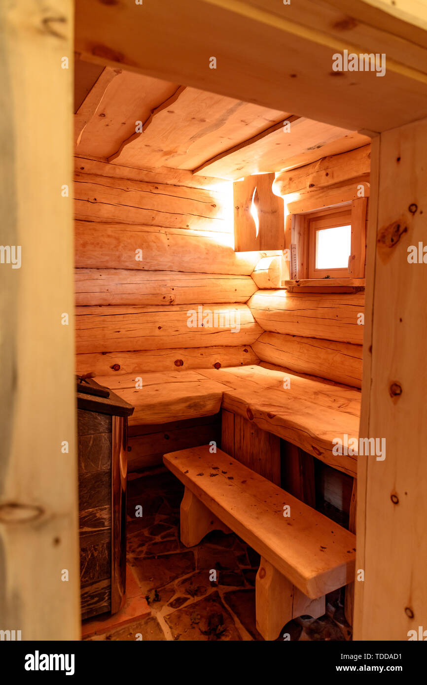 Russian wooden sauna steam room inside view Stock Photo - Alamy