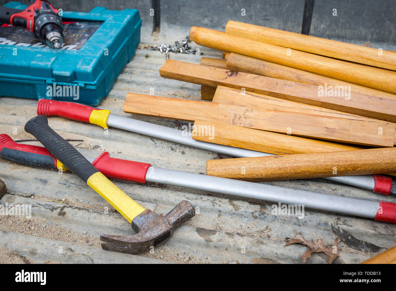 Carpenter tools on board Stock Photo - Alamy