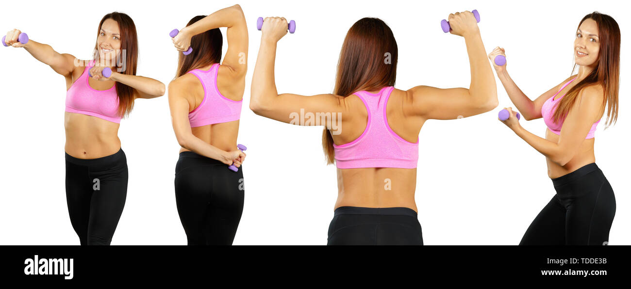 Collage of different fitness exercises isolated on a white background ...