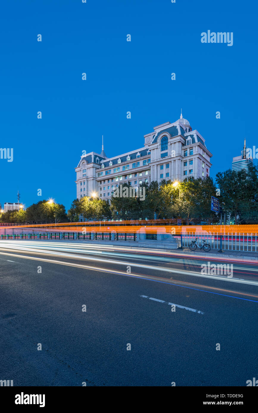 Night view of autumn city road building lights in Harbin, China Stock ...