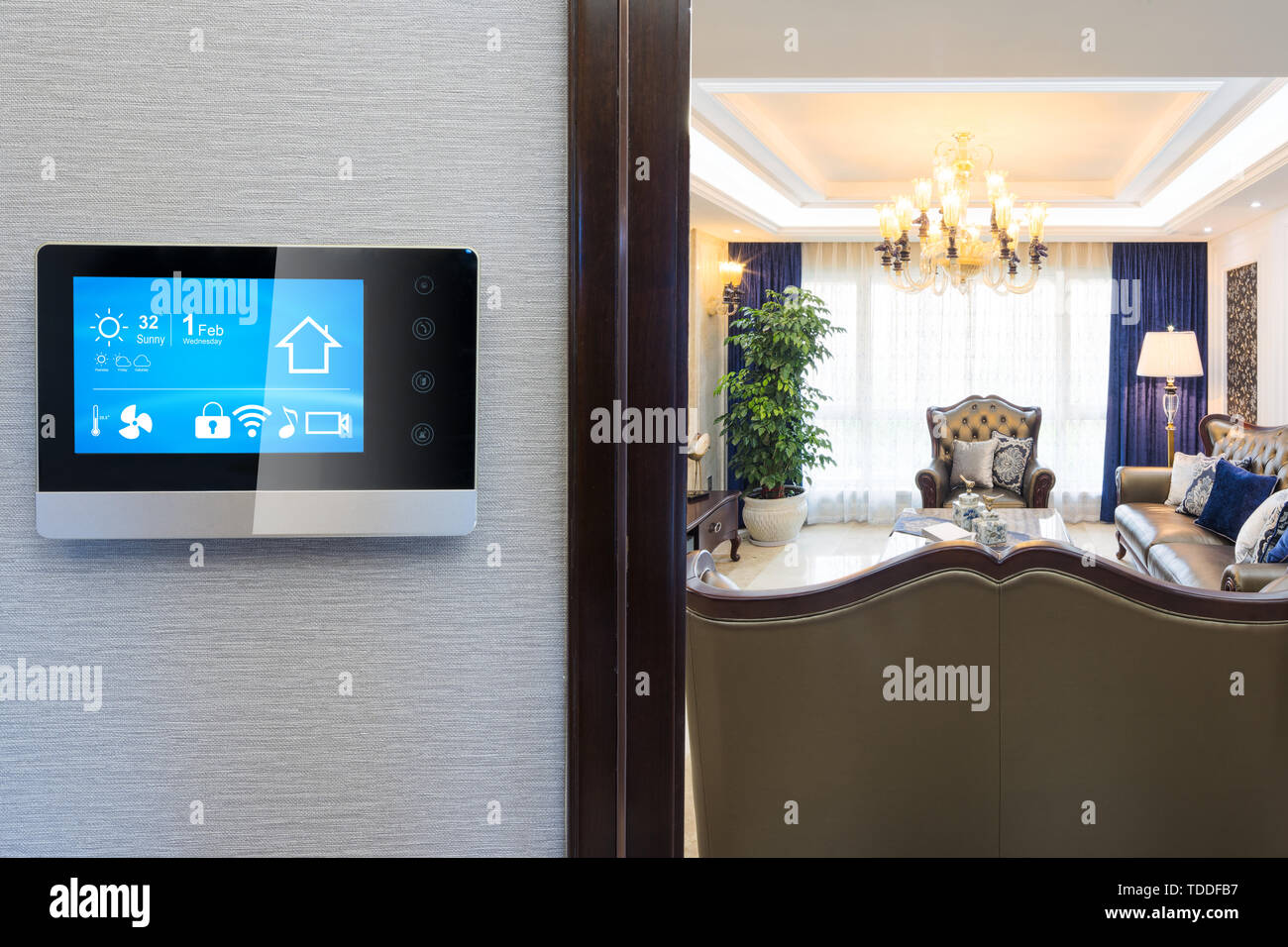 smart screen with smart home with modern living room Stock Photo - Alamy