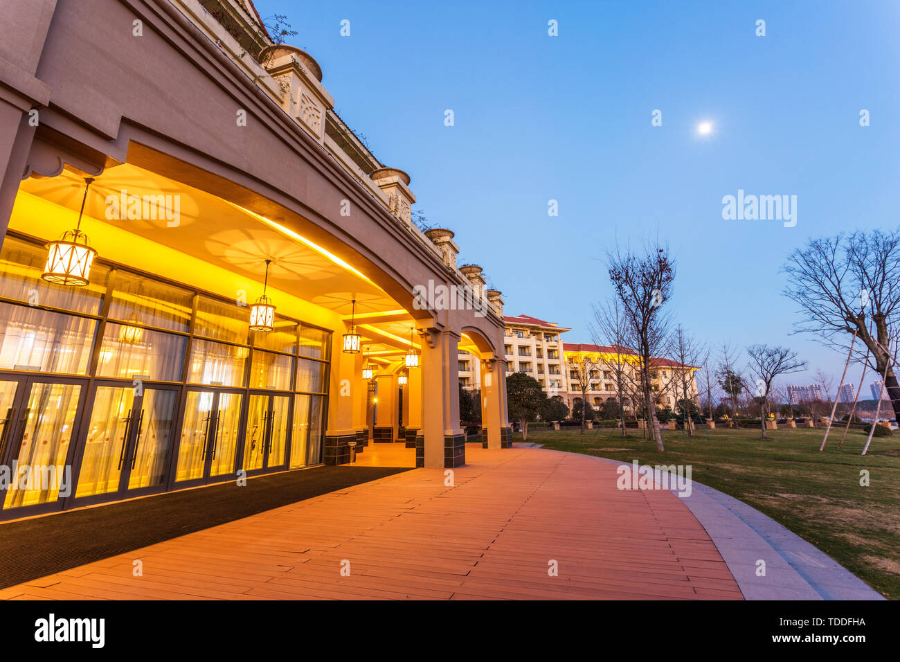 Resort building exterior at night Stock Photo - Alamy