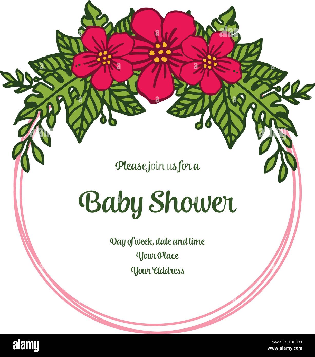 Vector illustration style of card baby shower with green leafy flower ...