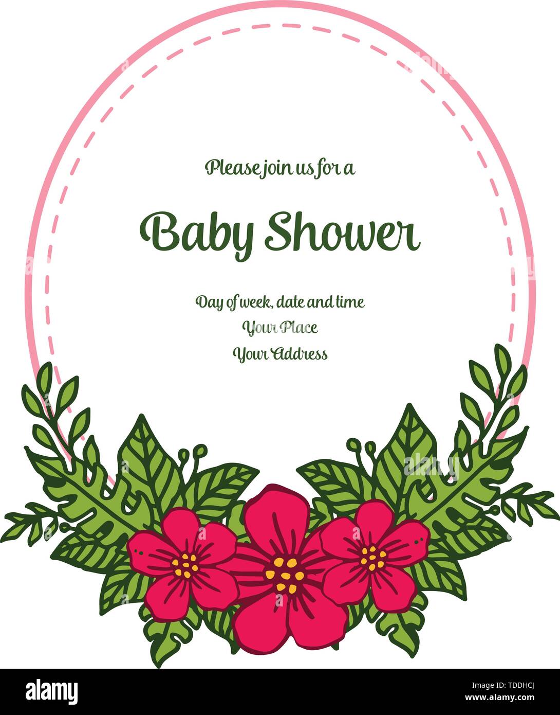 Vector illustration style of card baby shower with green leafy flower ...