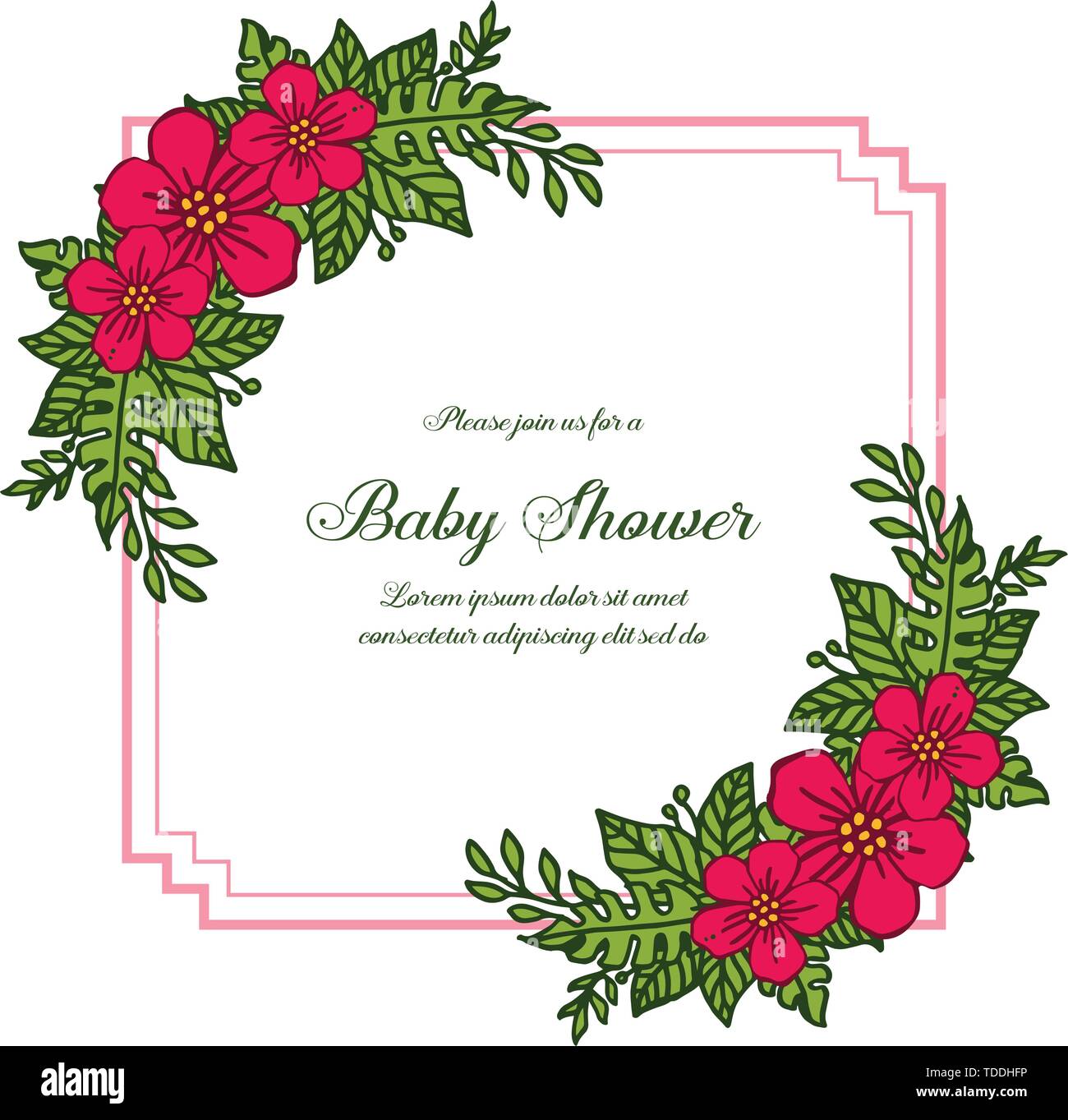 Vector illustration style of card baby shower with green leafy flower ...
