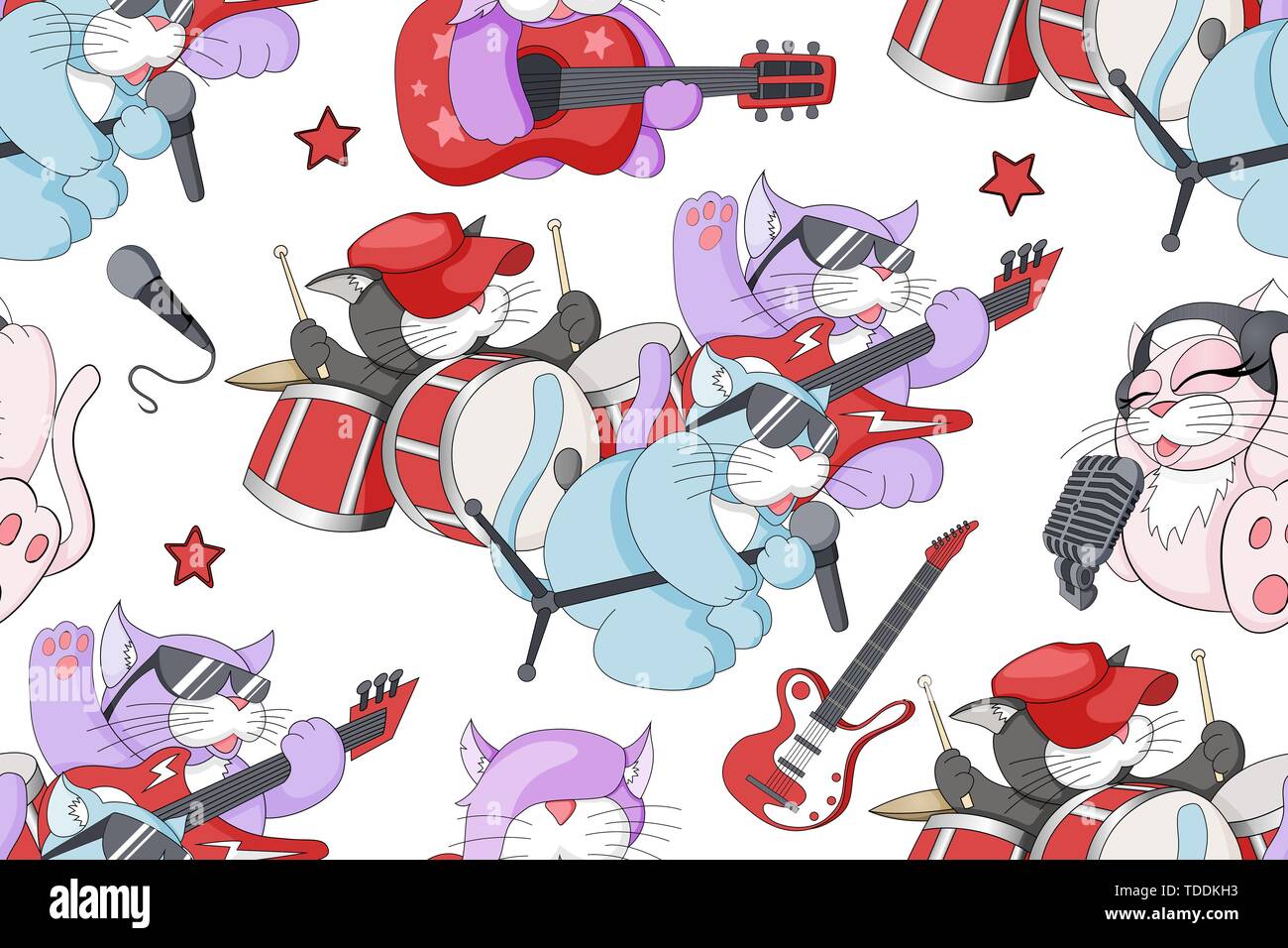 Seamless pattern with cute cartoon musical kittens on white background ...