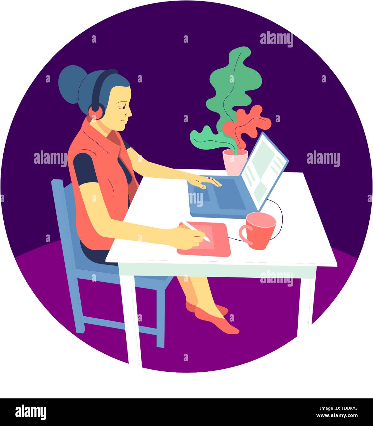 Flat style girl designer is sitting at desk and working with laptop ...
