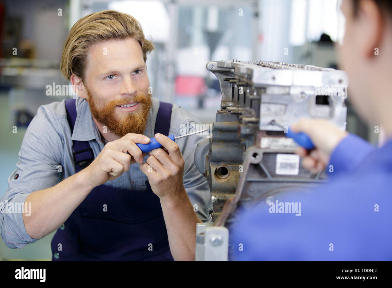 man and apprentice working on a engine Stock Photo - Alamy