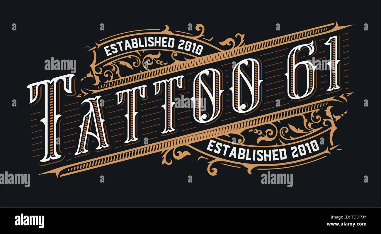 Tattoo logo template. Old lettering on dark background with floral ...