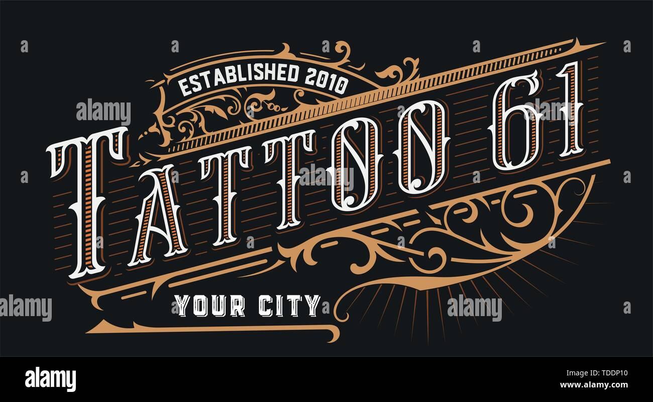 Tattoo logo. Old lettering on dark background with floral ornaments ...