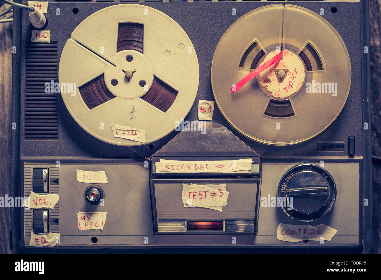 Top view of reel audio recorder with rolls of tape Stock Photo - Alamy