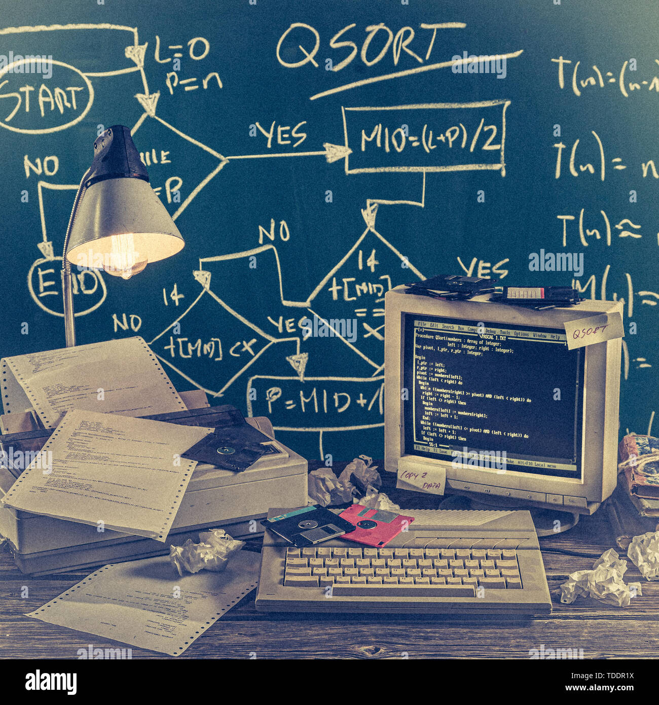 Vintage computing laboratory on green blackboard background Stock Photo ...