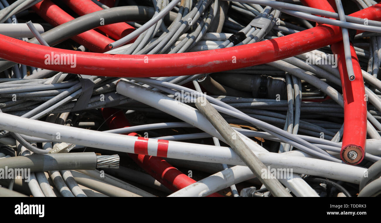 background of used electrical wires at collection center Stock Photo ...